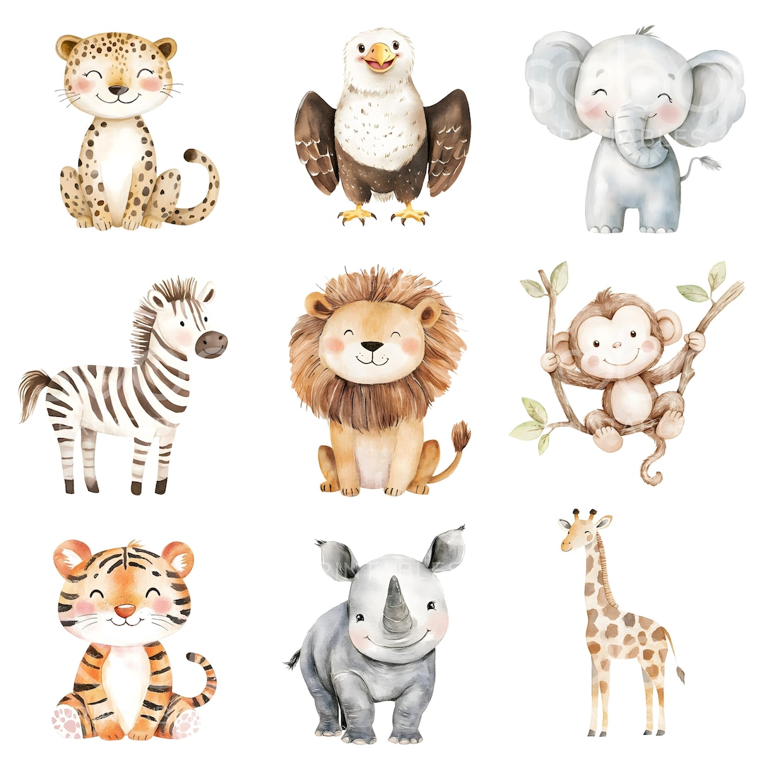 9 Safari Animals Clipart, Lion, Giraffe, Nursery Art, Jungle Animals ...