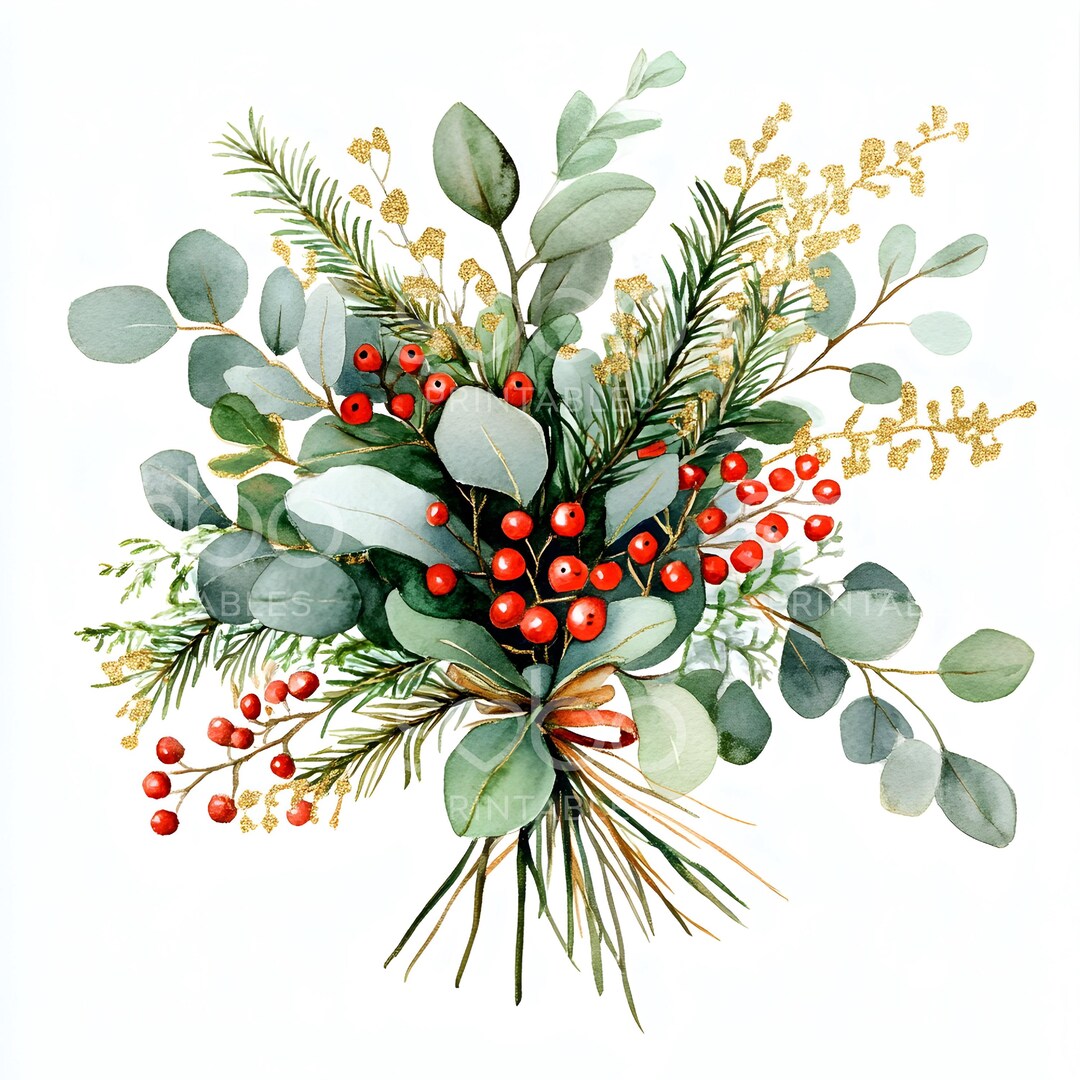 25 Christmas Leaves Bouquet Clipart, Festive Flowers, Christmas Card ...