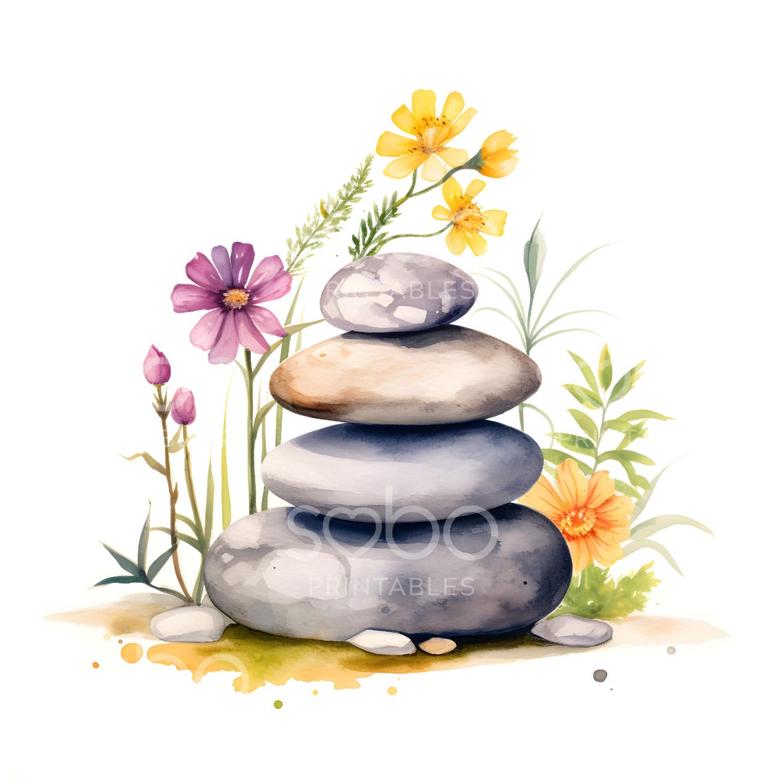 16 Zen Stones Floral Clipart, Wild Flowers, Printable Watercolor ...