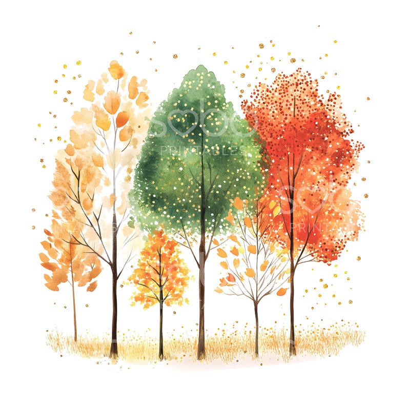 33 Autumn Trees Clipart, Gold Autumn Trees, Festive Clipart, Printable ...