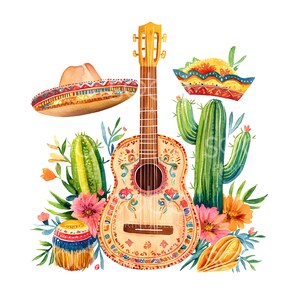 12 Mexican Arrangement Clipart, Guitar, Cactus, Sombrero Tacos, Cinco ...