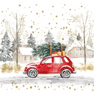 16 Vintage Christmas Red Car Clipart, Red Retro Car Fir Tree, Gold Foil ...