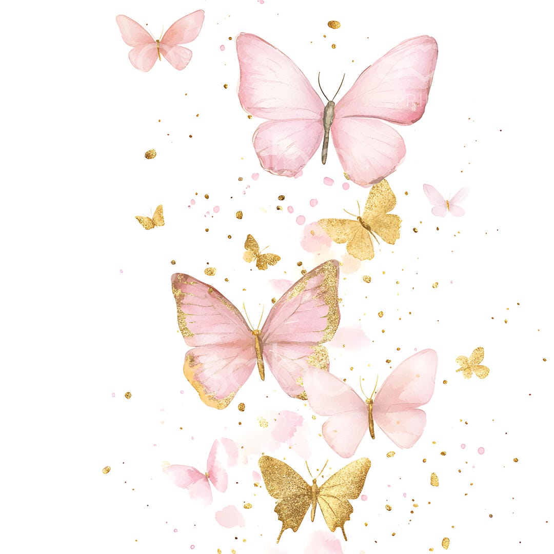 14 Pink Butterflies Clipart, Gold Butterfly, Wall Art, Watercolor ...