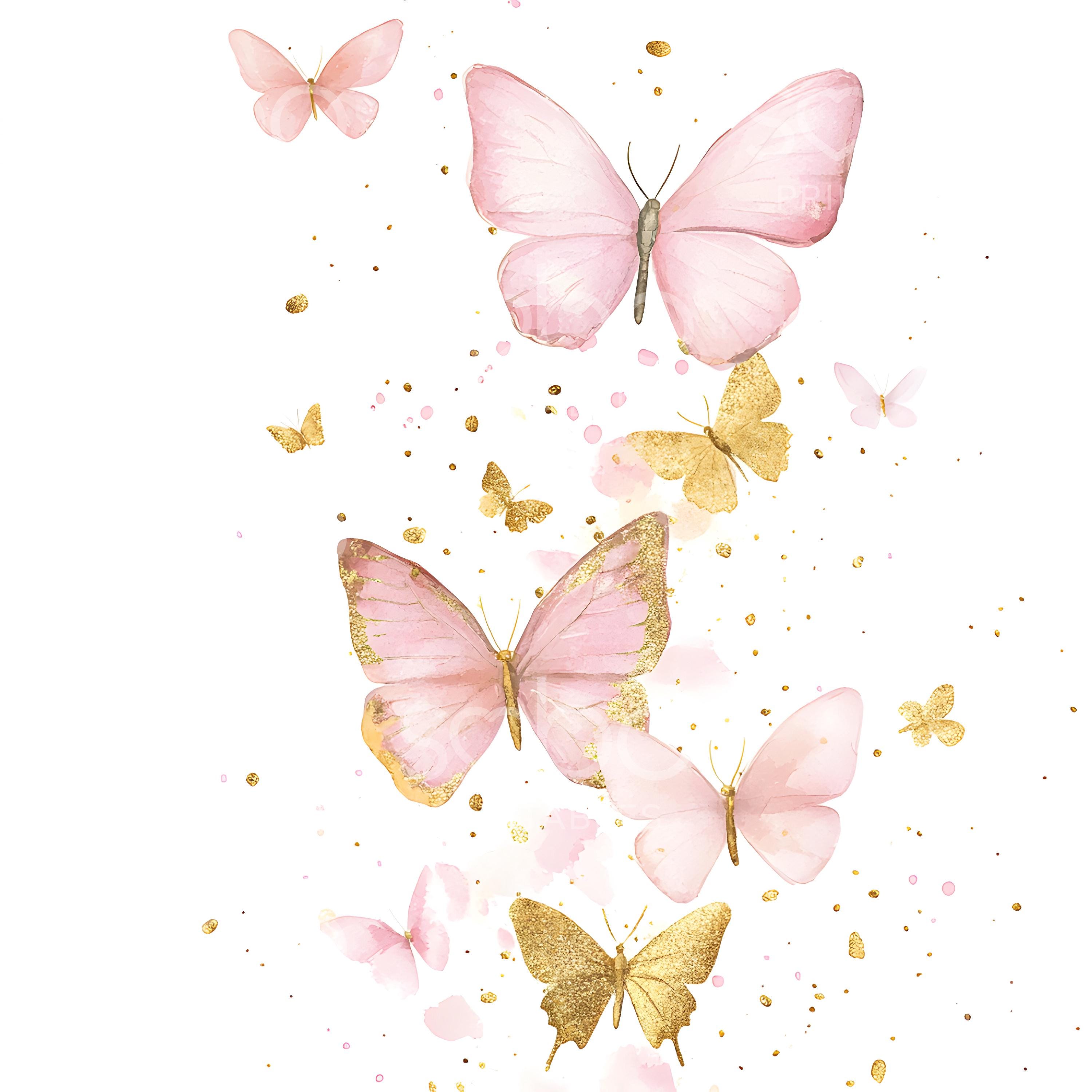 14 Pink Butterflies Clipart, Gold Butterfly, Wall Art, Watercolor ...