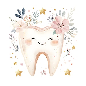 20 Boho Floral Tooth Clipart, Cute Kids Nursery, Tooth Fairy, Gold Foil ...