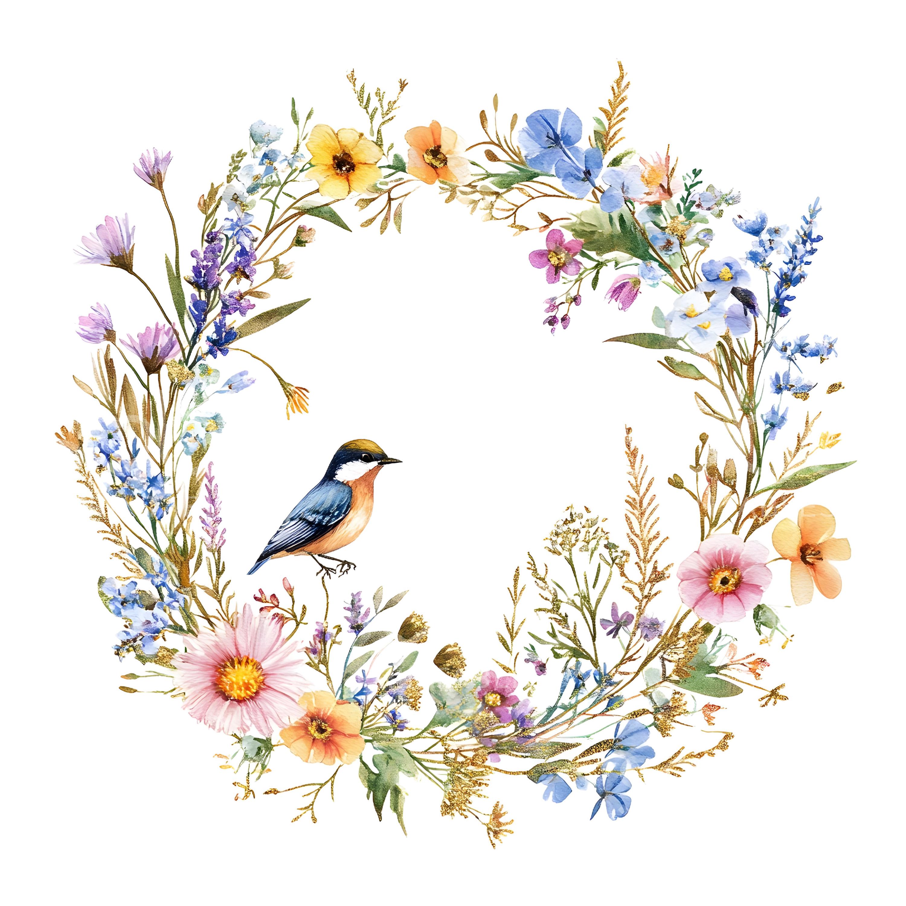 22 Floral Bird Wreaths Clipart, Wildflower Wreath Art, High Quality ...