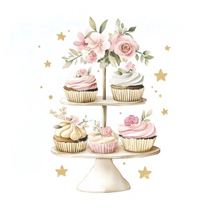 30 Boho Pastel Cupcake Clipart, Kids Birthday Cupcakes Invite, Gold ...