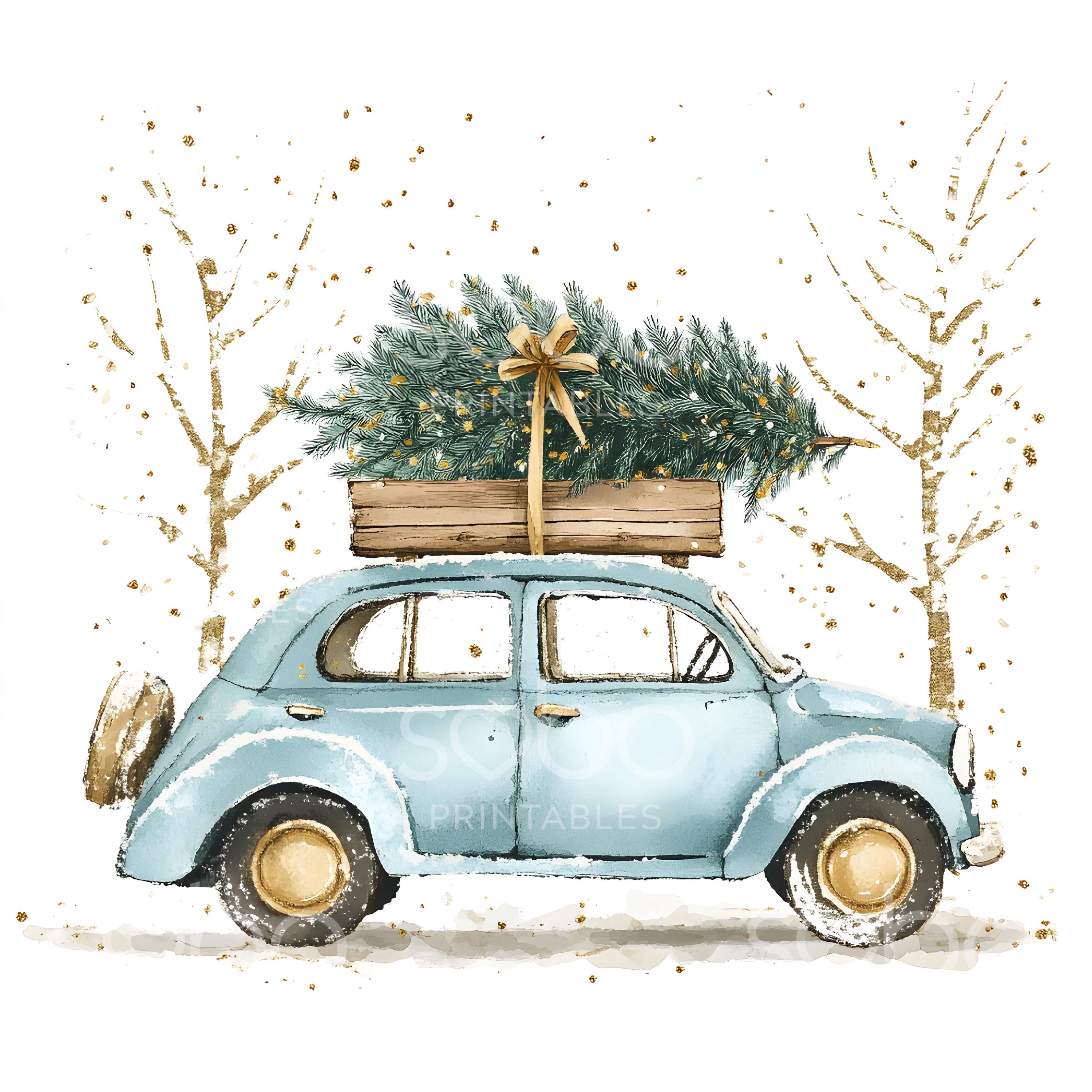 17 Vintage Christmas Blue Car Clipart, Blue Retro Car Fir Tree, Gold ...