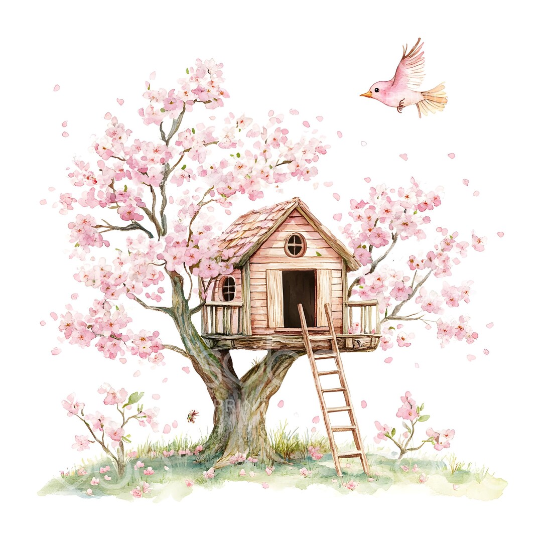 31 Pink Treehouse Clipart, Spring Tree House, Printable Watercolor Art ...