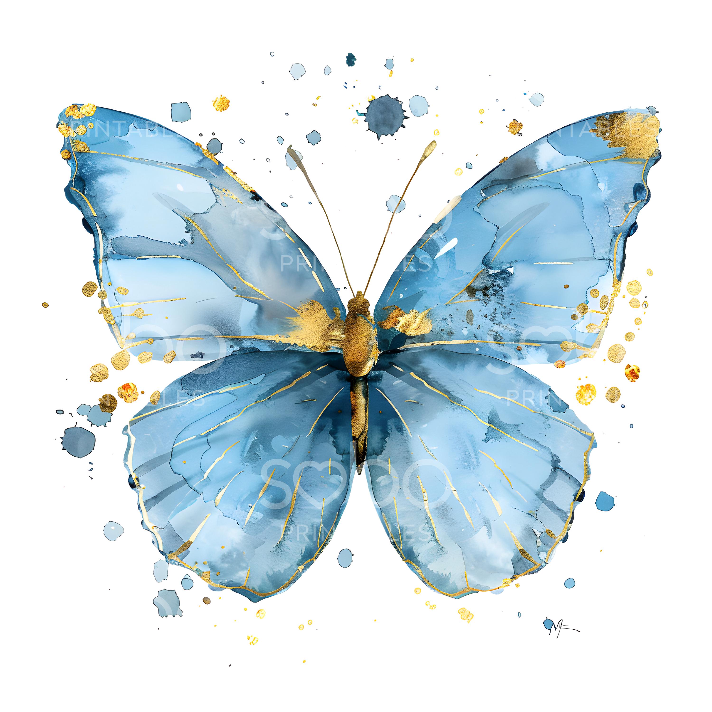 14 Blue Butterfly Clipart, Blue Gold Butterfly, Wall Art, Watercolor ...