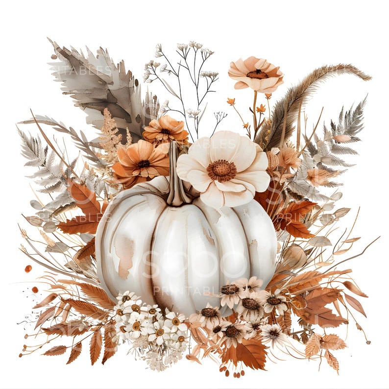 16 Boho Pumpkin Flowers Bouquet Clipart, Pumpkin Wall Art, Minimalistic ...
