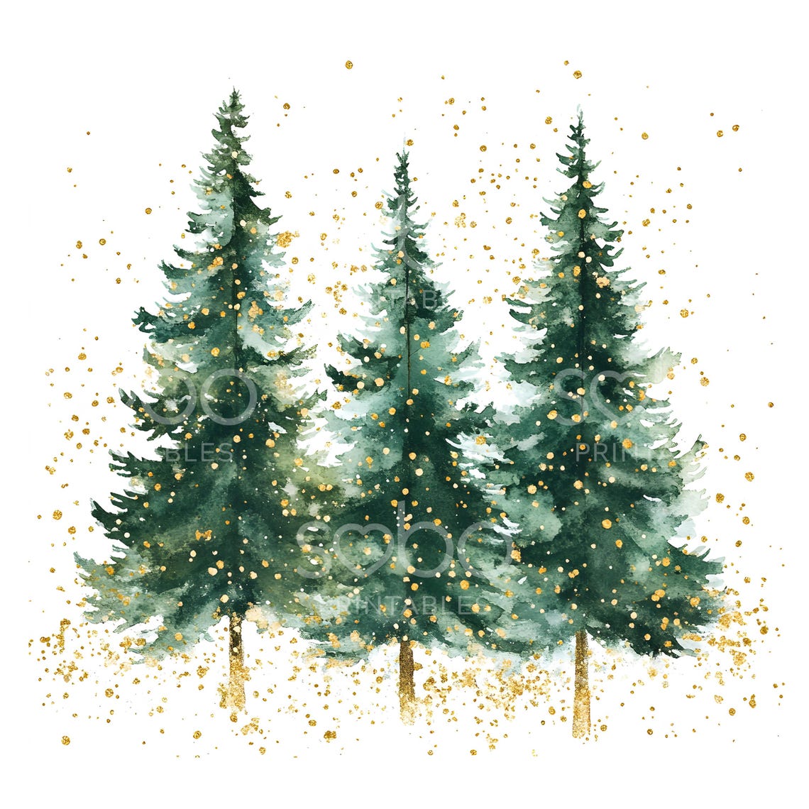 20 Christmas Pine Trees Clipart, Gold Winter Festive Clipart, Printable ...