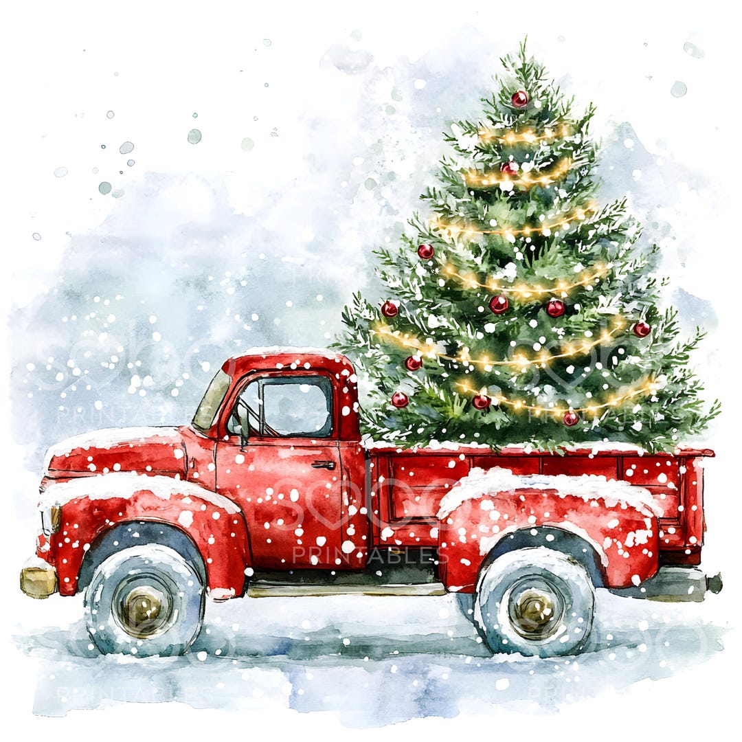 20 Red Christmas Truck Clipart, Christmas Gift Tag, Christmas Card Art ...
