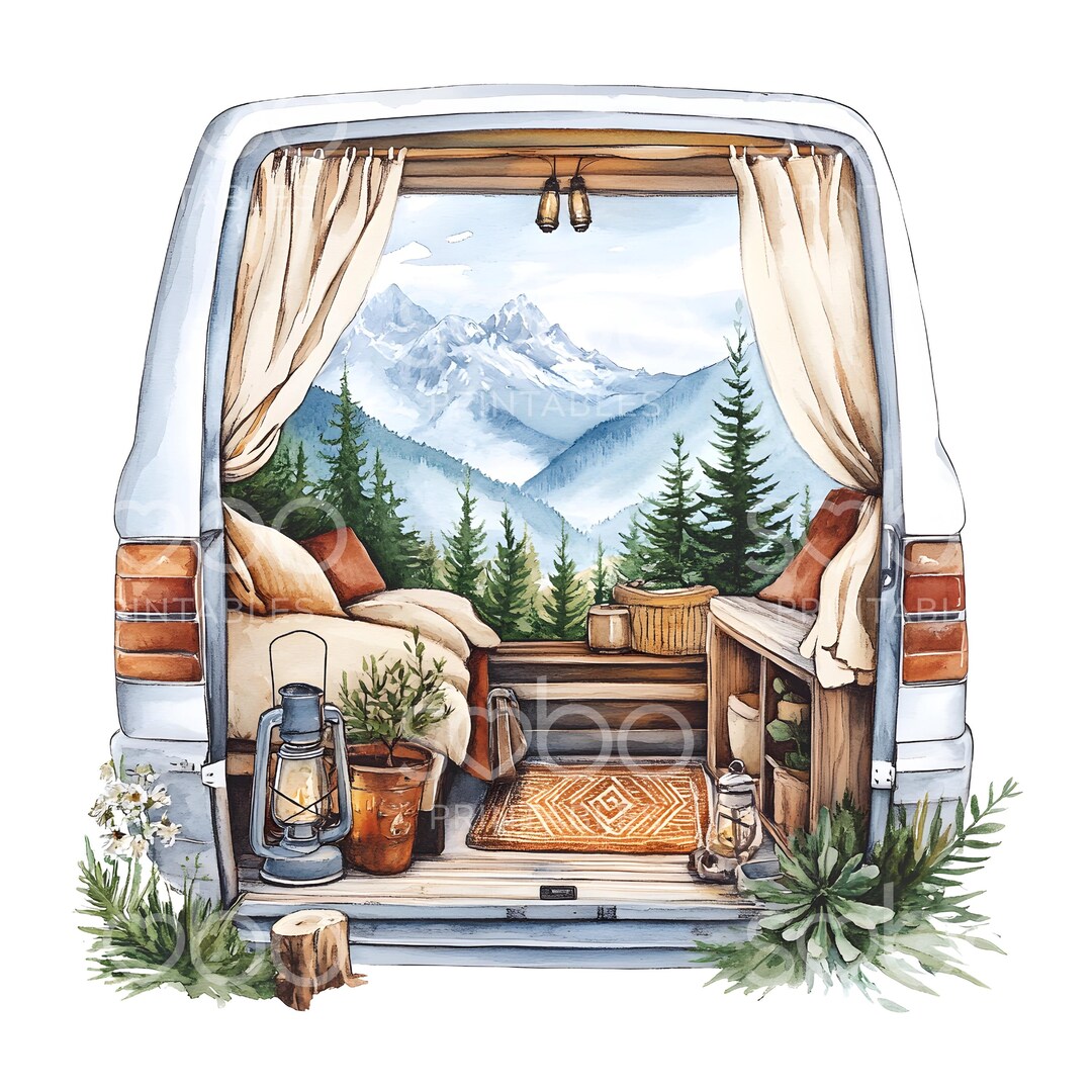 20 Van Camp Life Clipart, Camping Trailer, Printable Watercolor Art ...