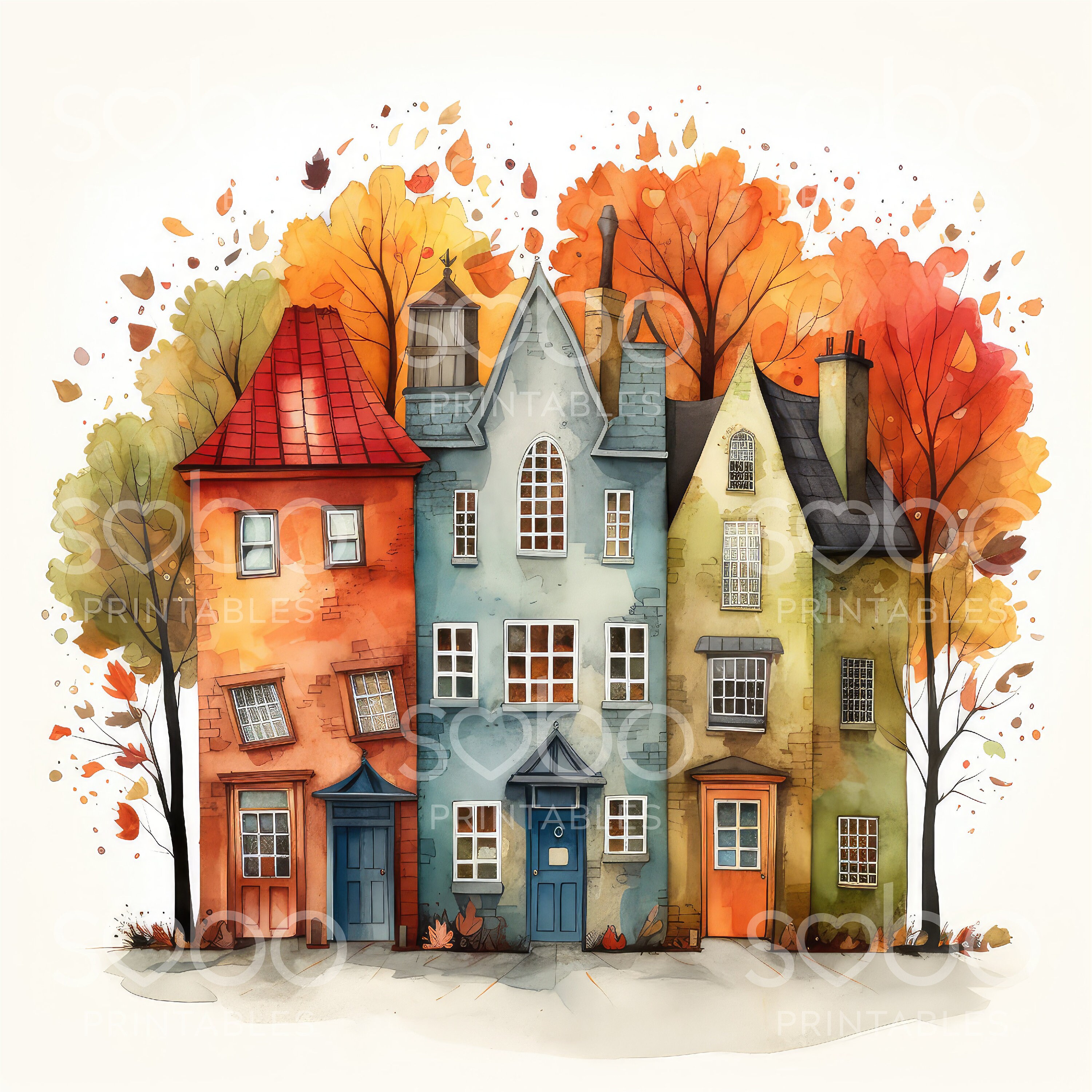 Quirky Autumn Houses - 11 High Quality Jpgs, Wall Art, Scrapbook, Junk ...