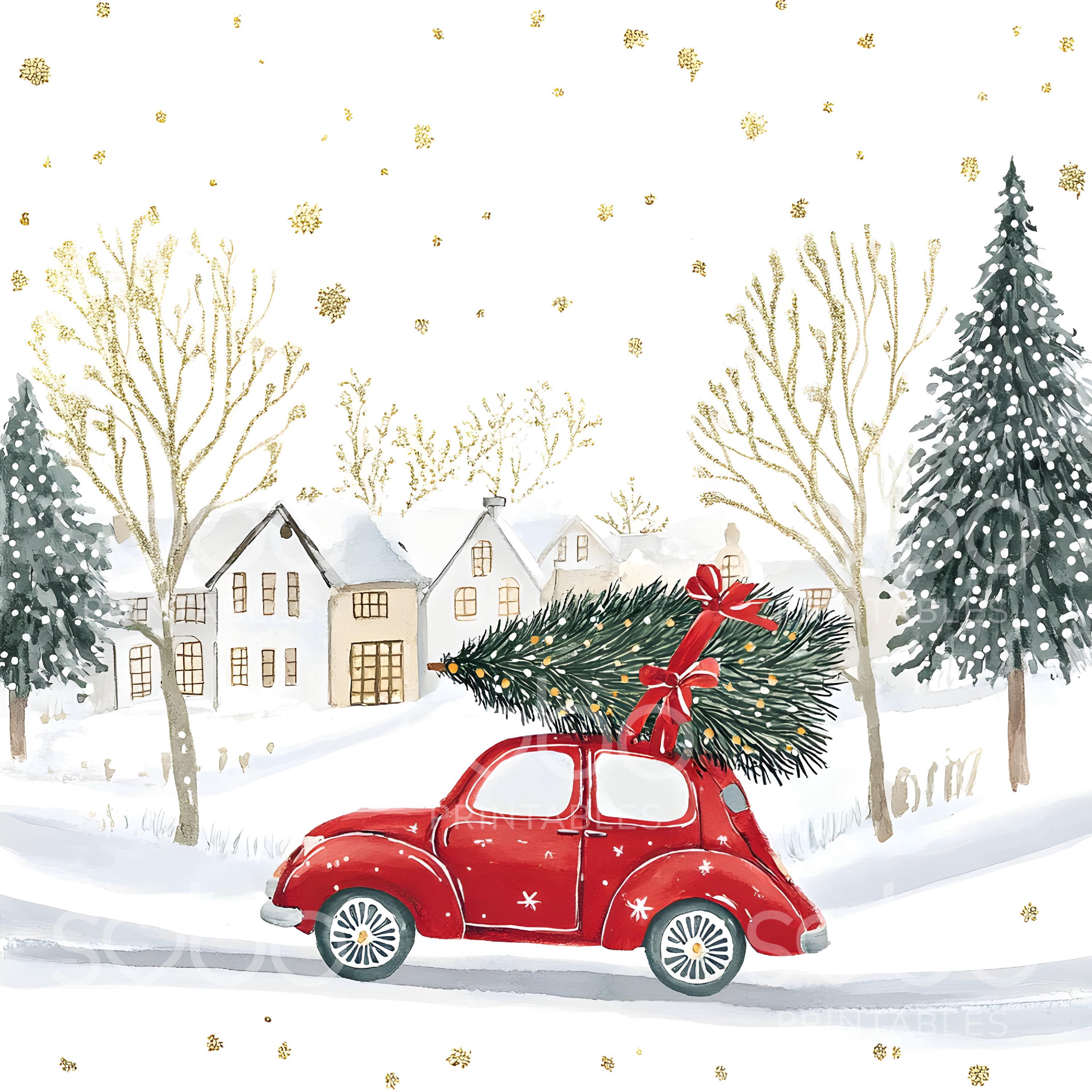 16 Vintage Christmas Red Car Clipart, Red Retro Car Fir Tree, Gold Foil ...