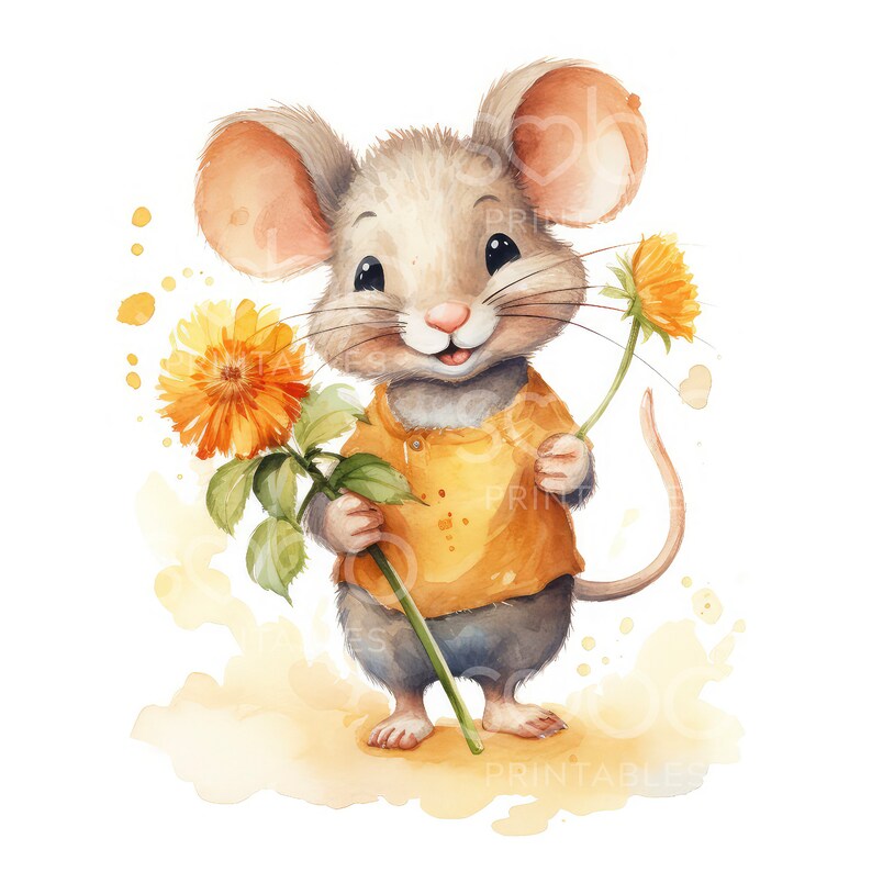 Mouse With Flower Clipart - 14 High Quality Jpgs, Wall Art, Scrapbook ...