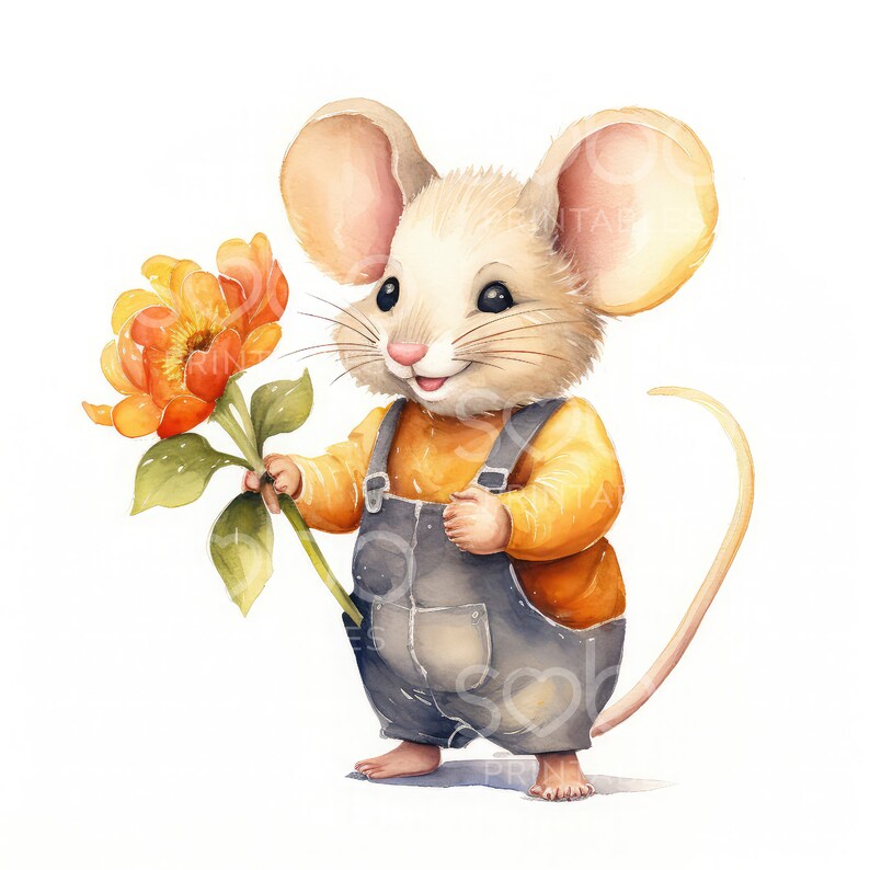 Mouse With Flower Clipart - 14 High Quality Jpgs, Wall Art, Scrapbook ...