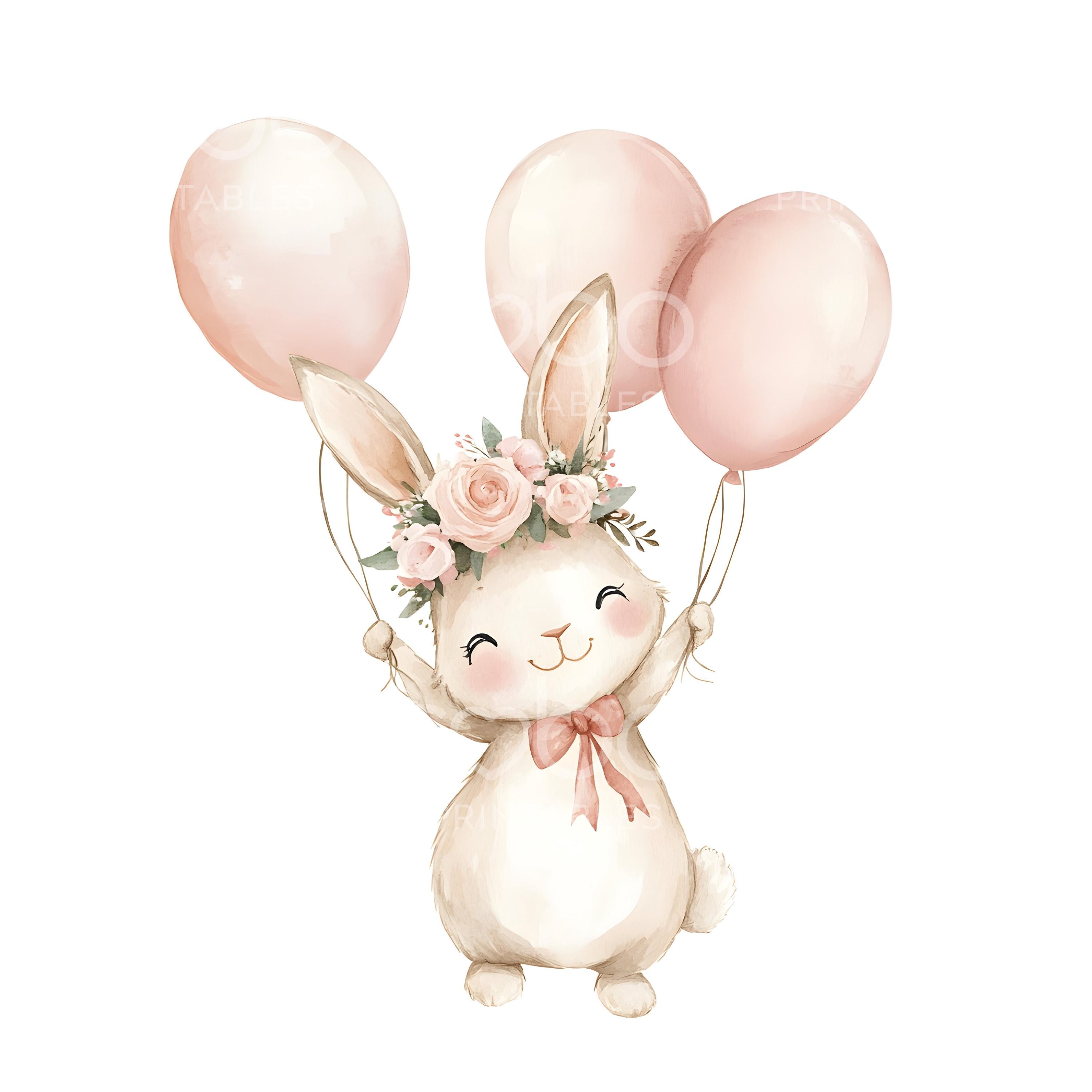 21 Cute Bunny With Balloons Clipart, Floral Easter Bunny, Easter Card ...