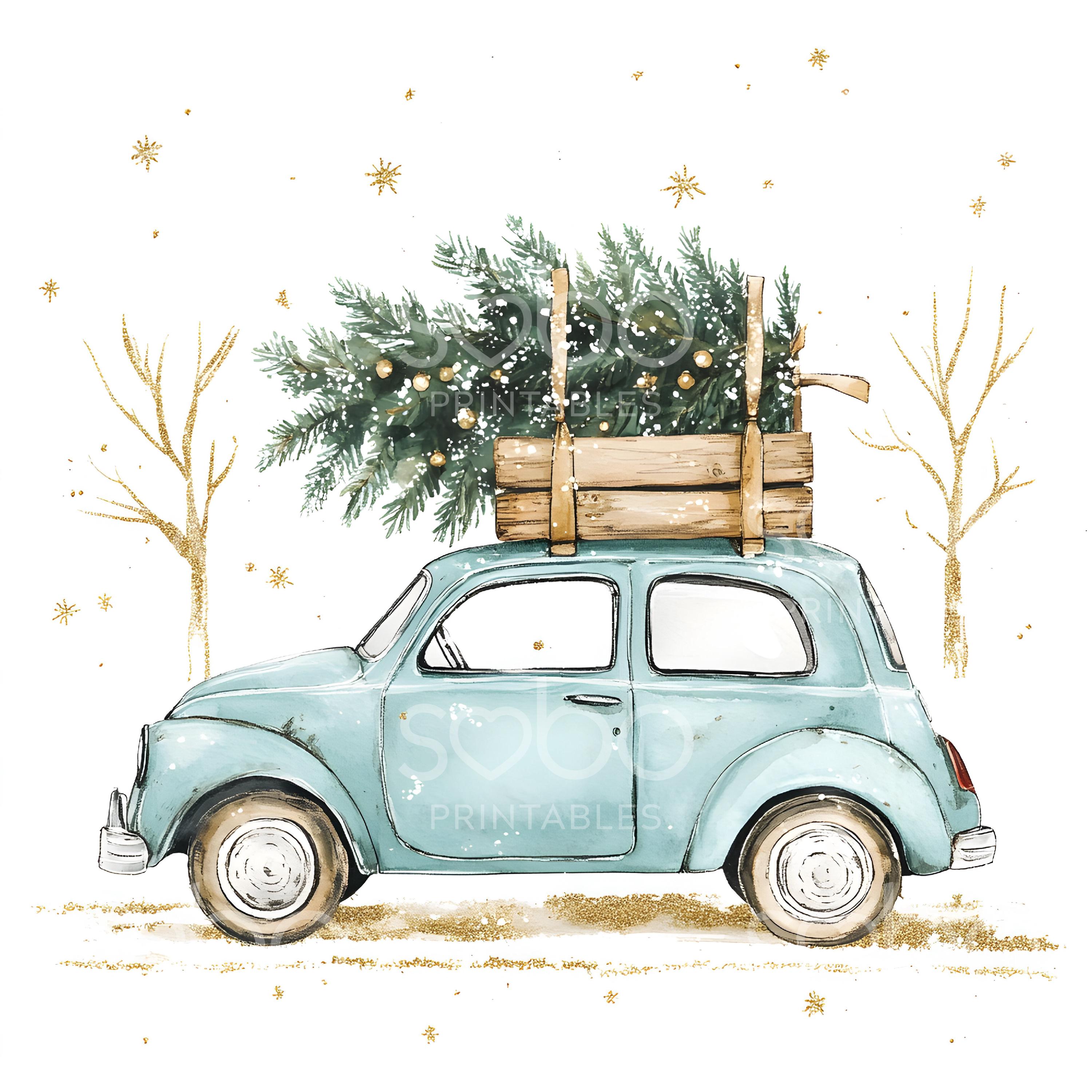 17 Vintage Christmas Blue Car Clipart, Blue Retro Car Fir Tree, Gold ...