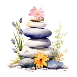 16 Zen Stones Floral Clipart, Wild Flowers, Printable Watercolor ...