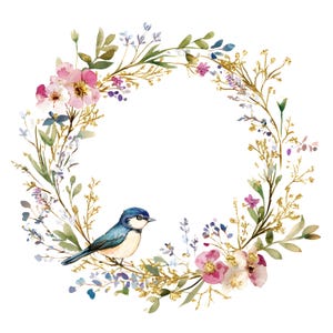 22 Floral Bird Wreaths Clipart, Wildflower Wreath Art, High Quality ...