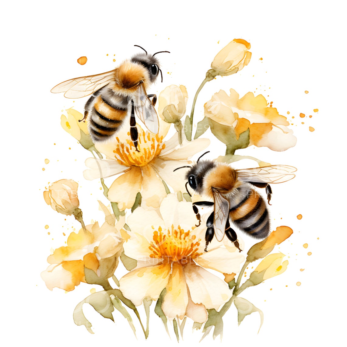 16 Bees in Flowers Clipart, Bees Clipart, Printable Watercolor Clipart ...
