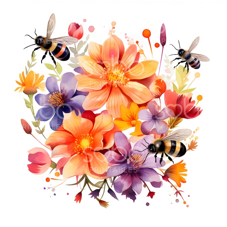 16 Bees in Flowers Clipart, Bees Clipart, Printable Watercolor Clipart ...