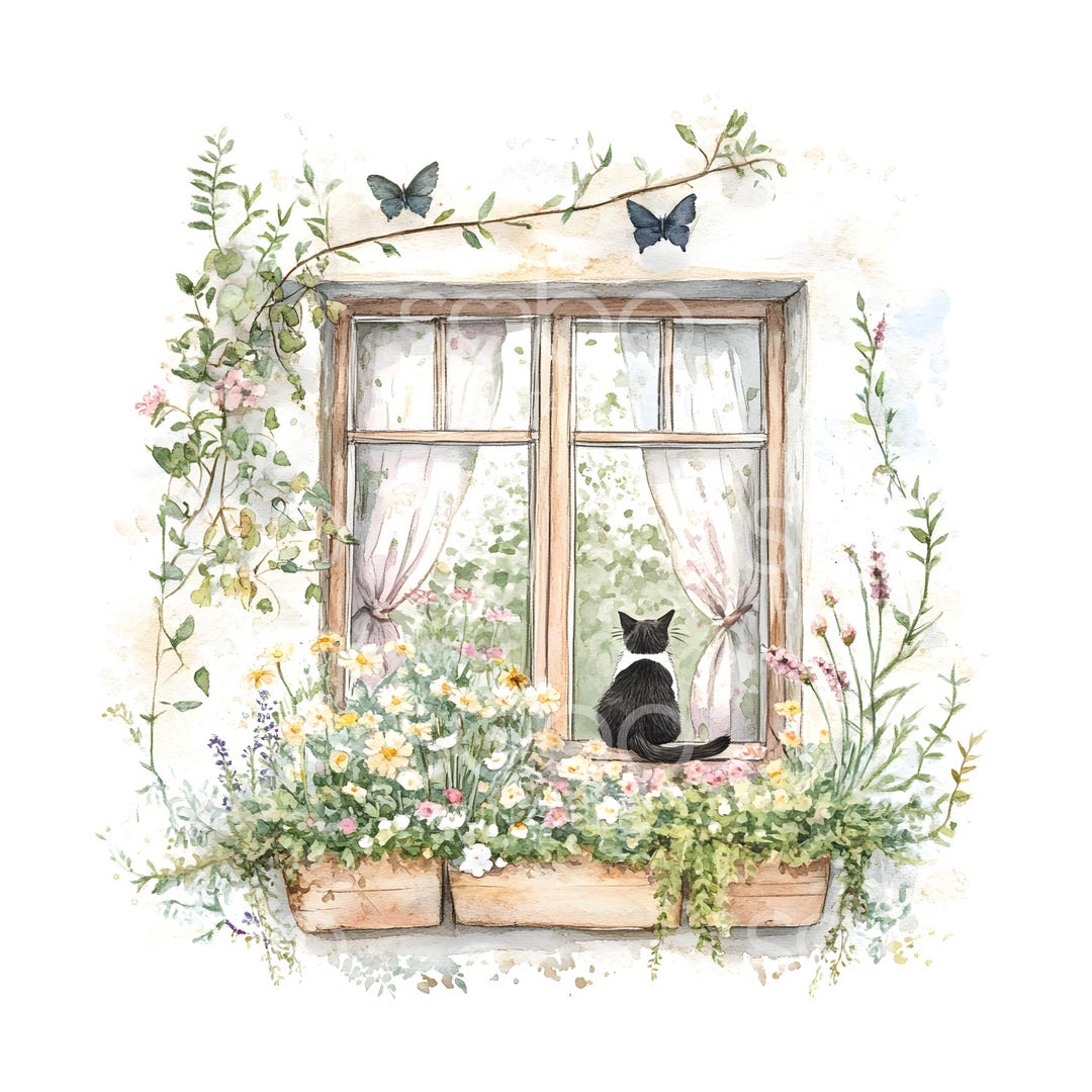 29 Pet Spring Window Clipart, Spring Clipart, Cat Lover Gift, Printable ...