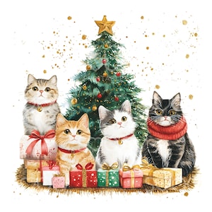 24 Christmas Tree Cats Clipart, Festive Cats, Watercolour Christmas ...