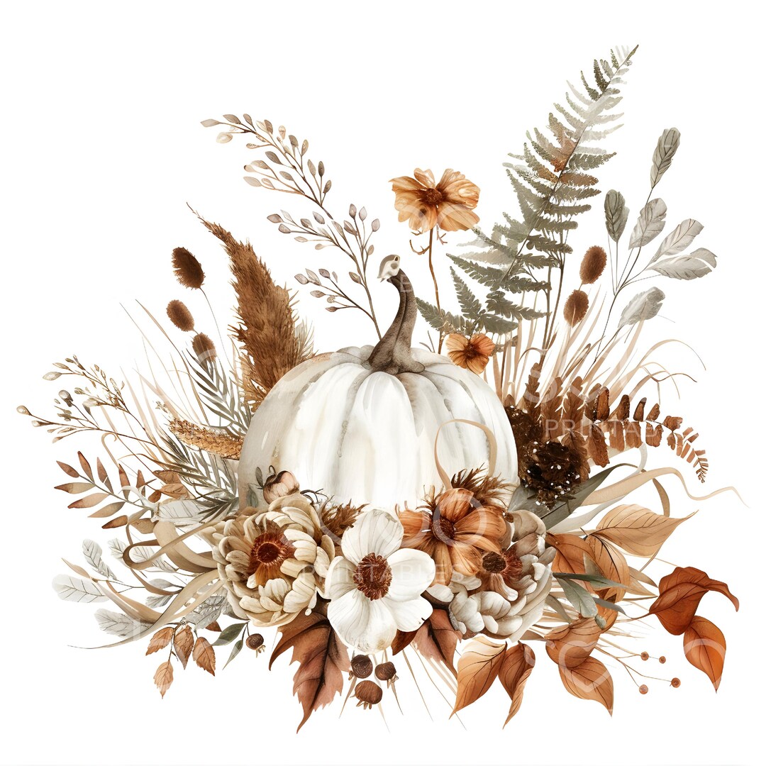 16 Boho Pumpkin Flowers Bouquet Clipart, Pumpkin Wall Art, Minimalistic ...