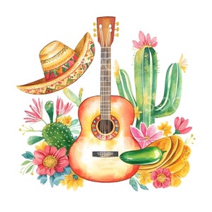 12 Mexican Arrangement Clipart, Guitar, Cactus, Sombrero Tacos, Cinco ...