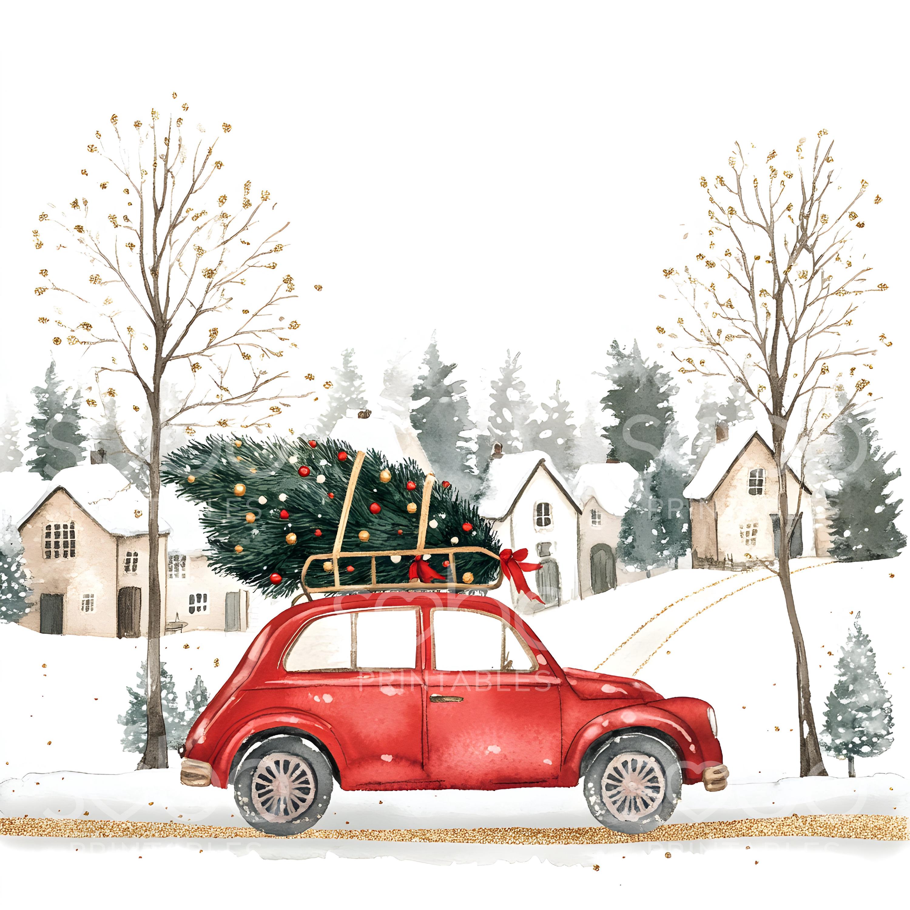 16 Vintage Christmas Red Car Clipart, Red Retro Car Fir Tree, Gold Foil ...