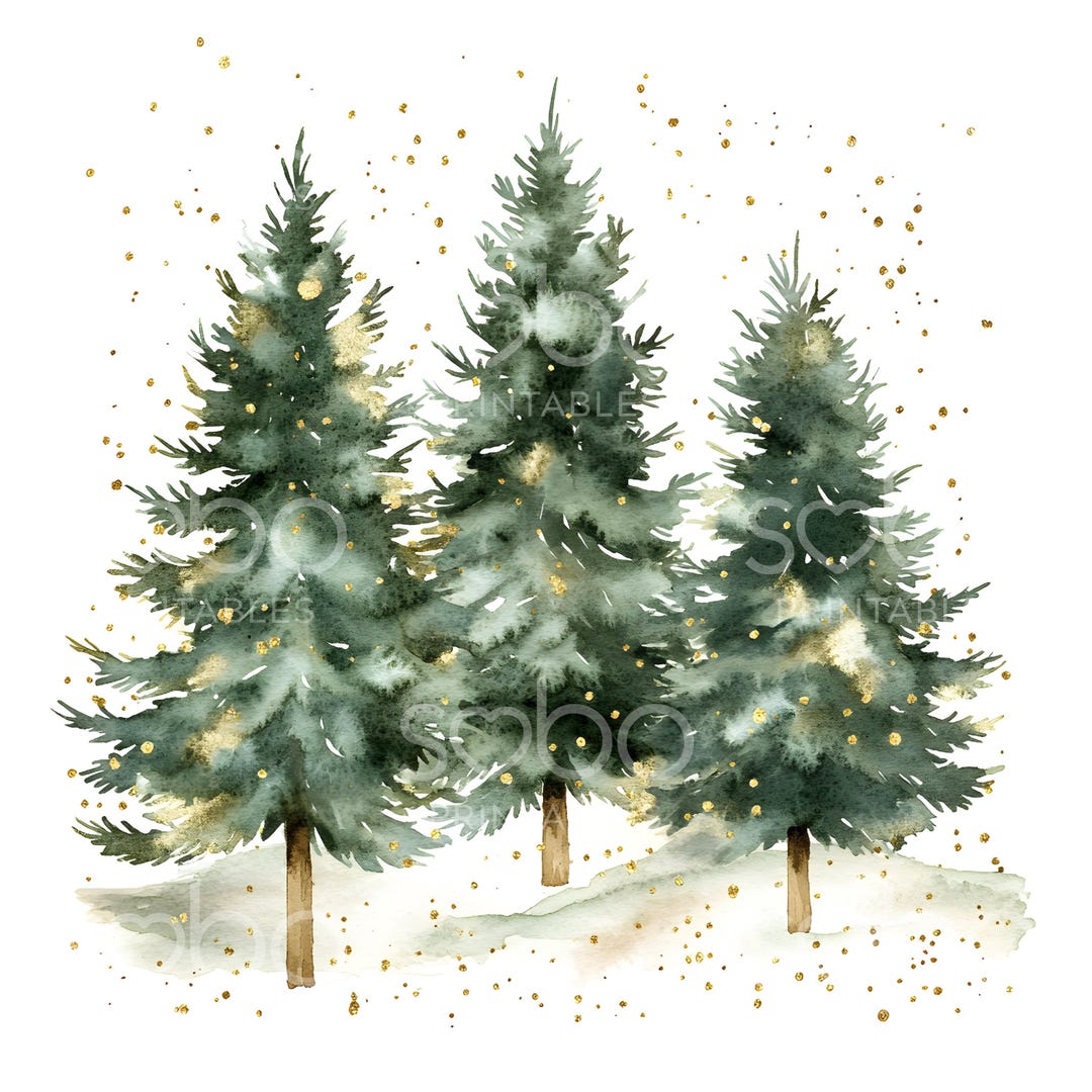 20 Christmas Pine Trees Clipart, Gold Winter Festive Clipart, Printable ...