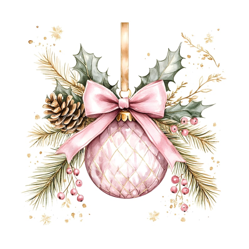 40 Xmas Pink Ornament Clipart, Christmas Card, Gold Xmas Baubles ...