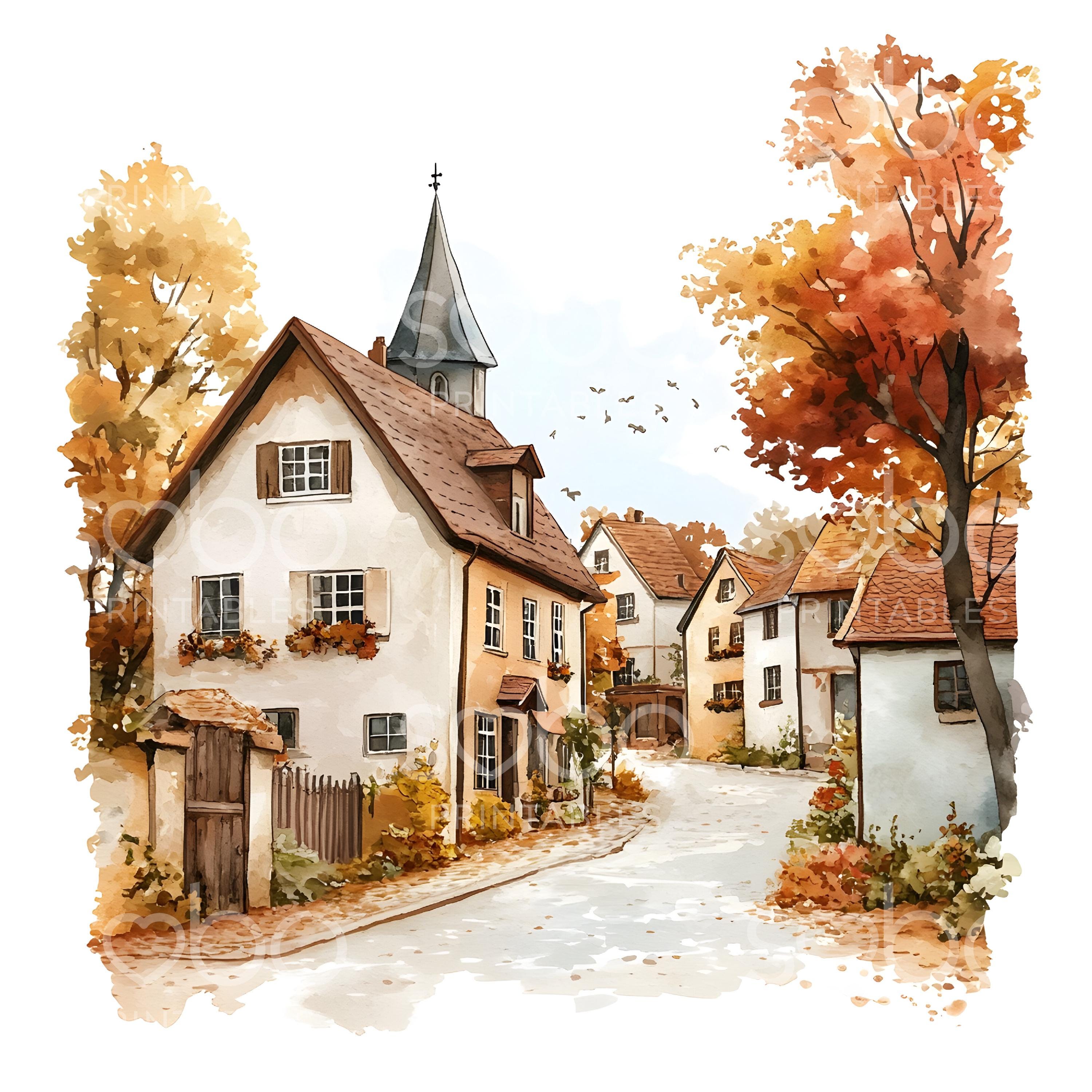 20 Autumn Street Clipart, Fall Autumn Clipart, Printable Watercolor ...