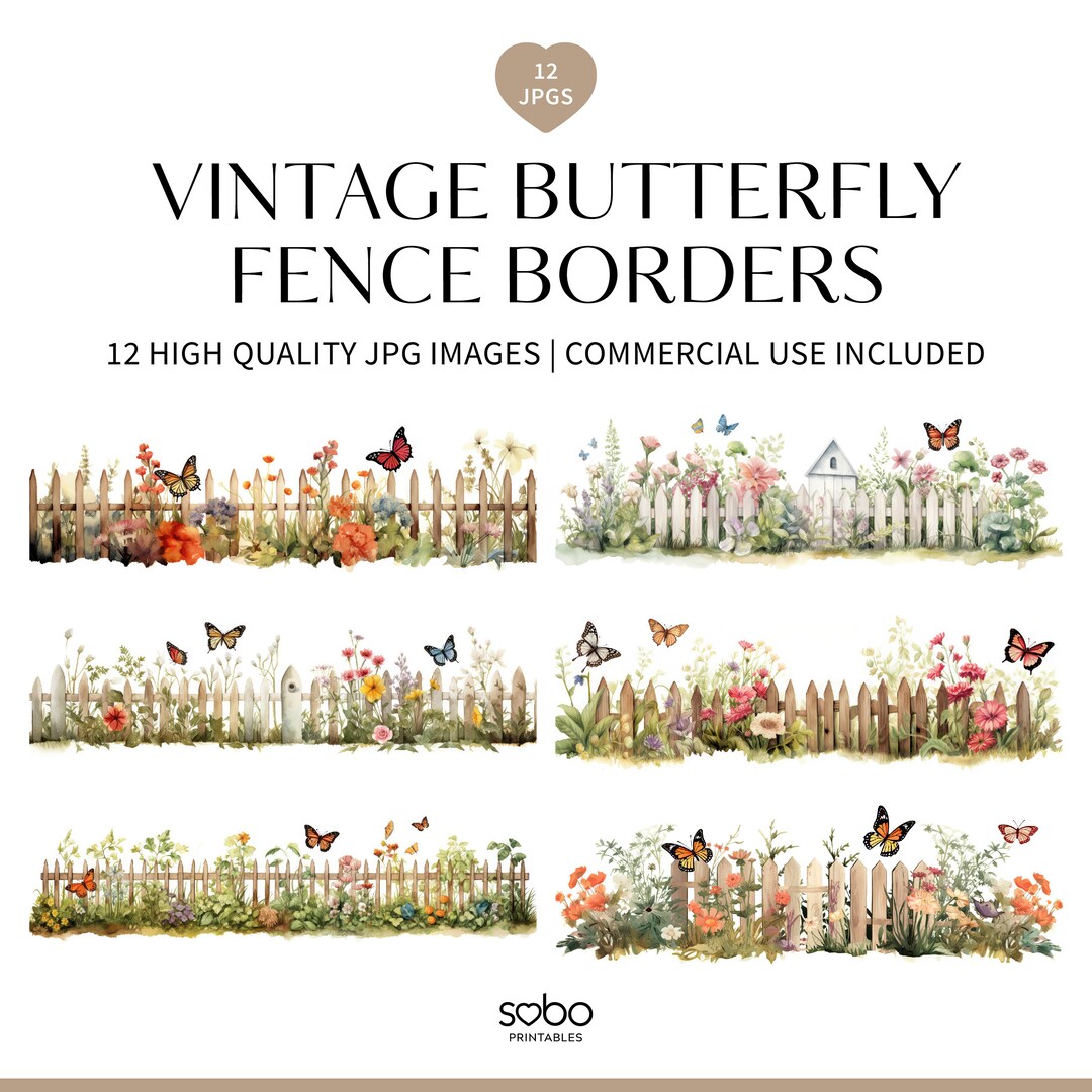 12 Butterfly Floral Fence Border, Cottagecore Border, Floral Frames ...