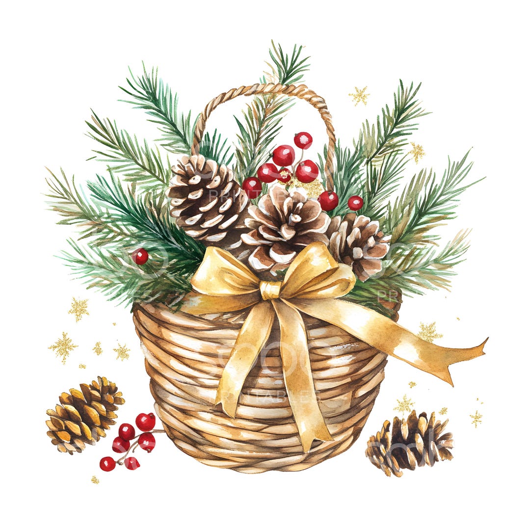 16 Christmas Basket Clipart, Holiday Festive Gift Basket, Christmas ...