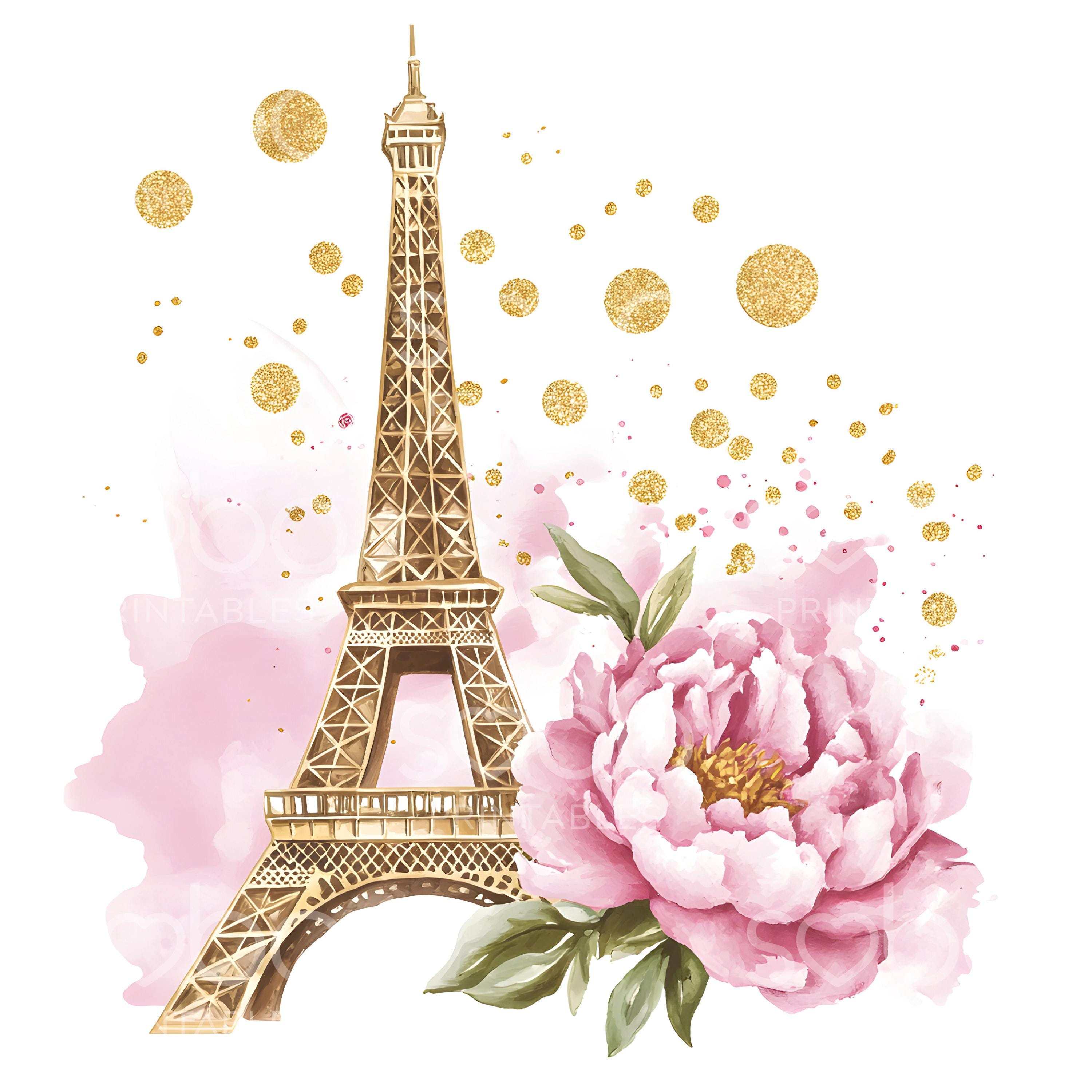 18 Gold Eiffel Tower Clipart, Floral Peonies, Parisian Wall Art ...