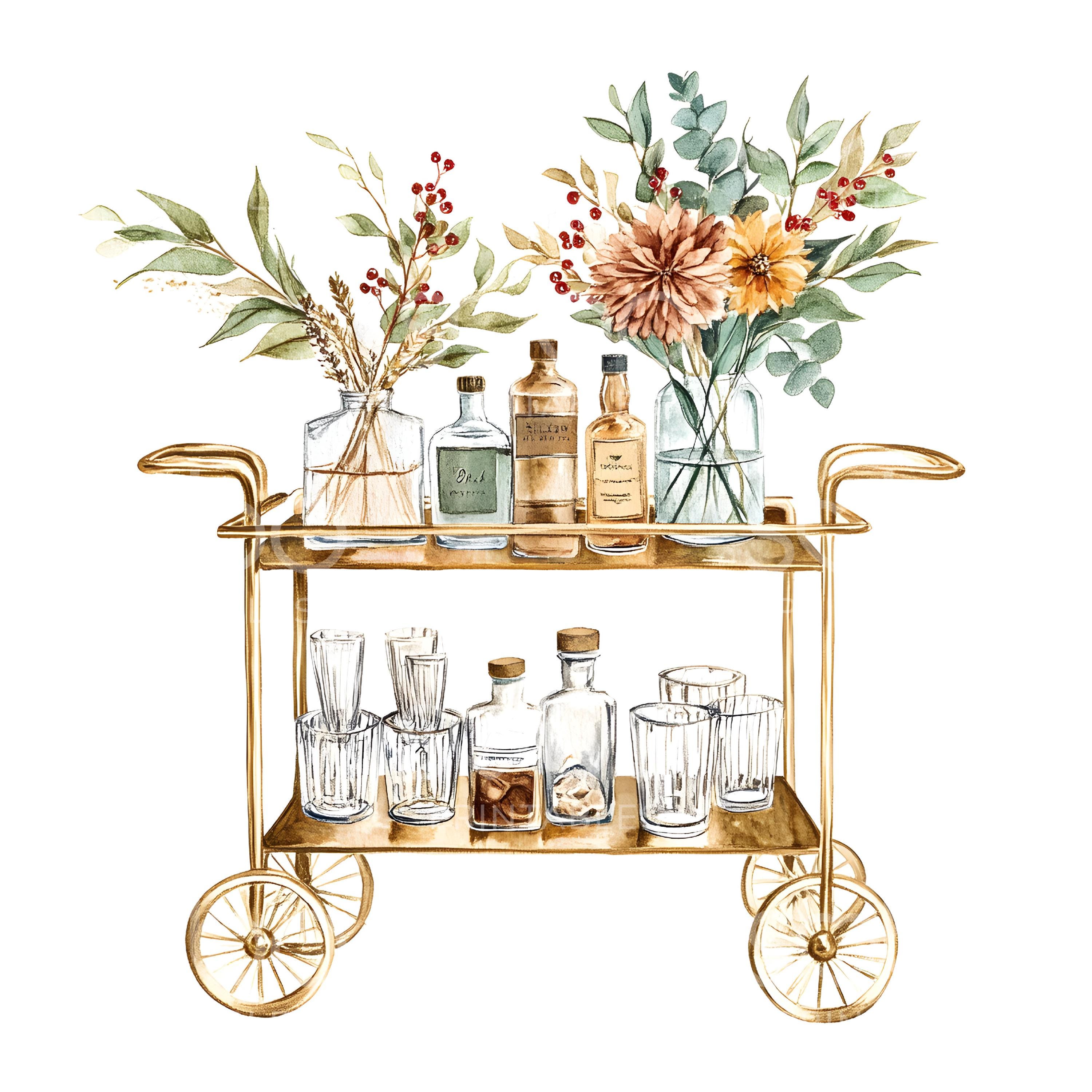 16 Gold Bar Cart Clipart, Christmas Bar, Cocktail Bar, Watercolor Wall ...