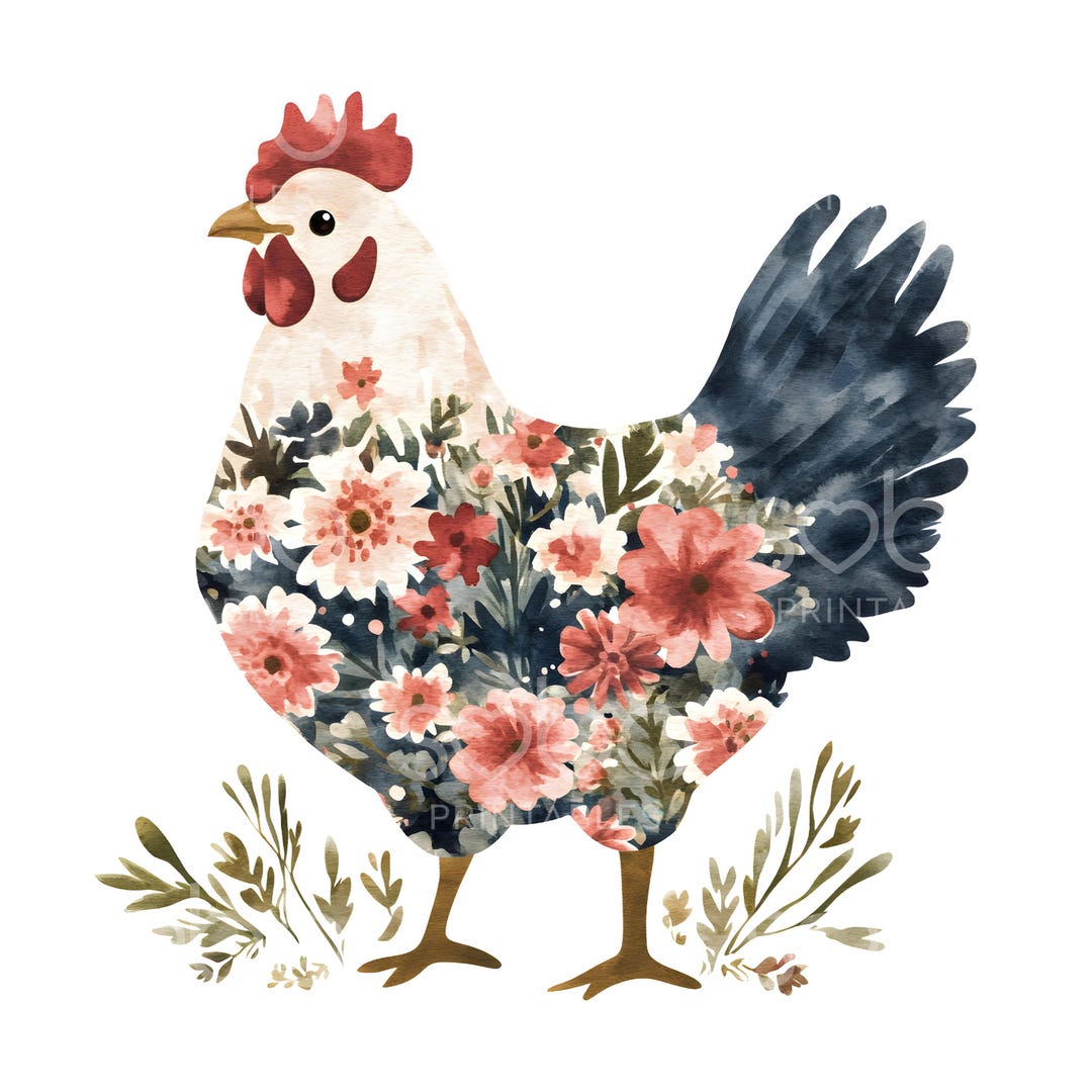 26 Watercolor Floral Chicken Clipart, Cottagecore Chicken, Watercolor ...