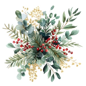 25 Christmas Leaves Bouquet Clipart, Festive Flowers, Christmas Card ...