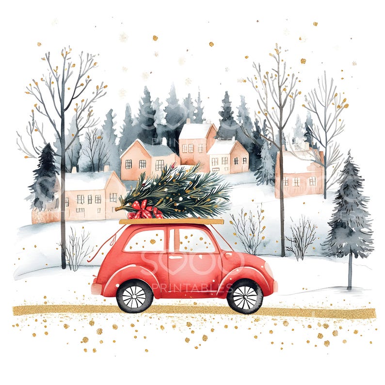 16 Vintage Christmas Red Car Clipart, Red Retro Car Fir Tree, Gold Foil ...