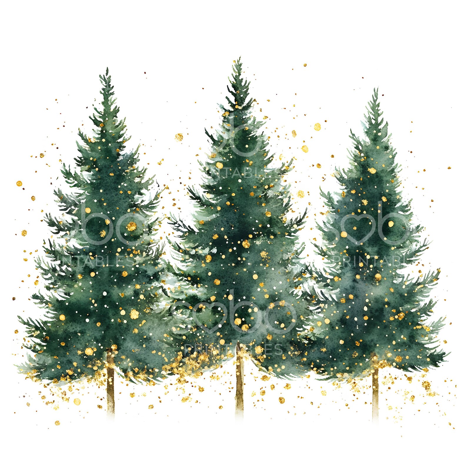 20 Christmas Pine Trees Clipart, Gold Winter Festive Clipart, Printable ...