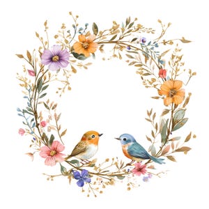 22 Floral Bird Wreaths Clipart, Wildflower Wreath Art, High Quality ...