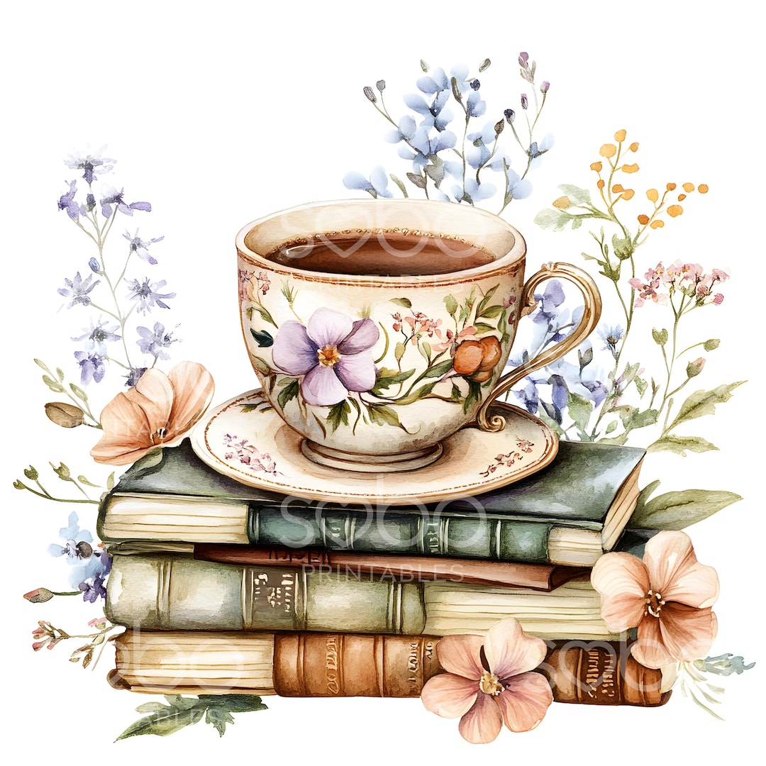 12 Vintage Teacup and Books Clipart, High Quality Jpgs, Digital ...