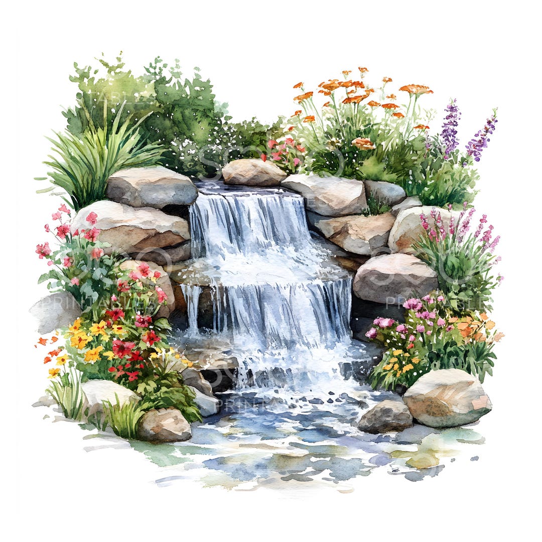 24 Floral Garden Waterfall Clipart, Spring Garden, Printable Watercolor ...