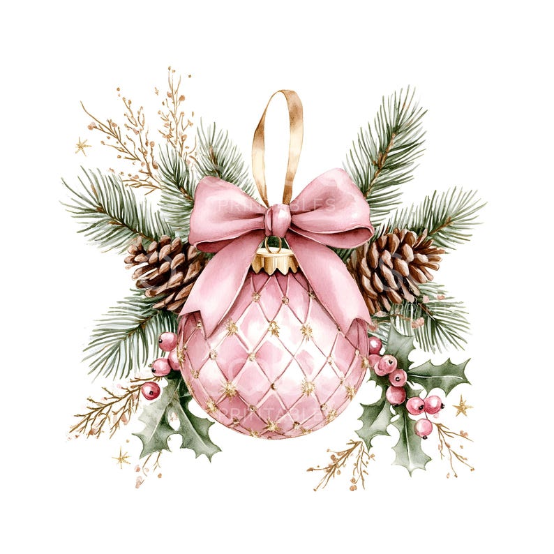 40 Xmas Pink Ornament Clipart, Christmas Card, Gold Xmas Baubles ...