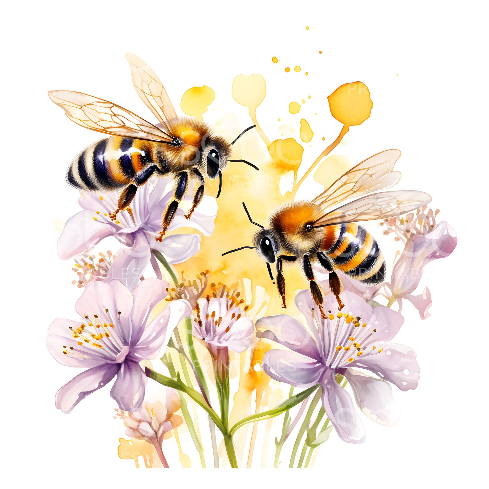 16 Bees in Flowers Clipart, Bees Clipart, Printable Watercolor Clipart ...