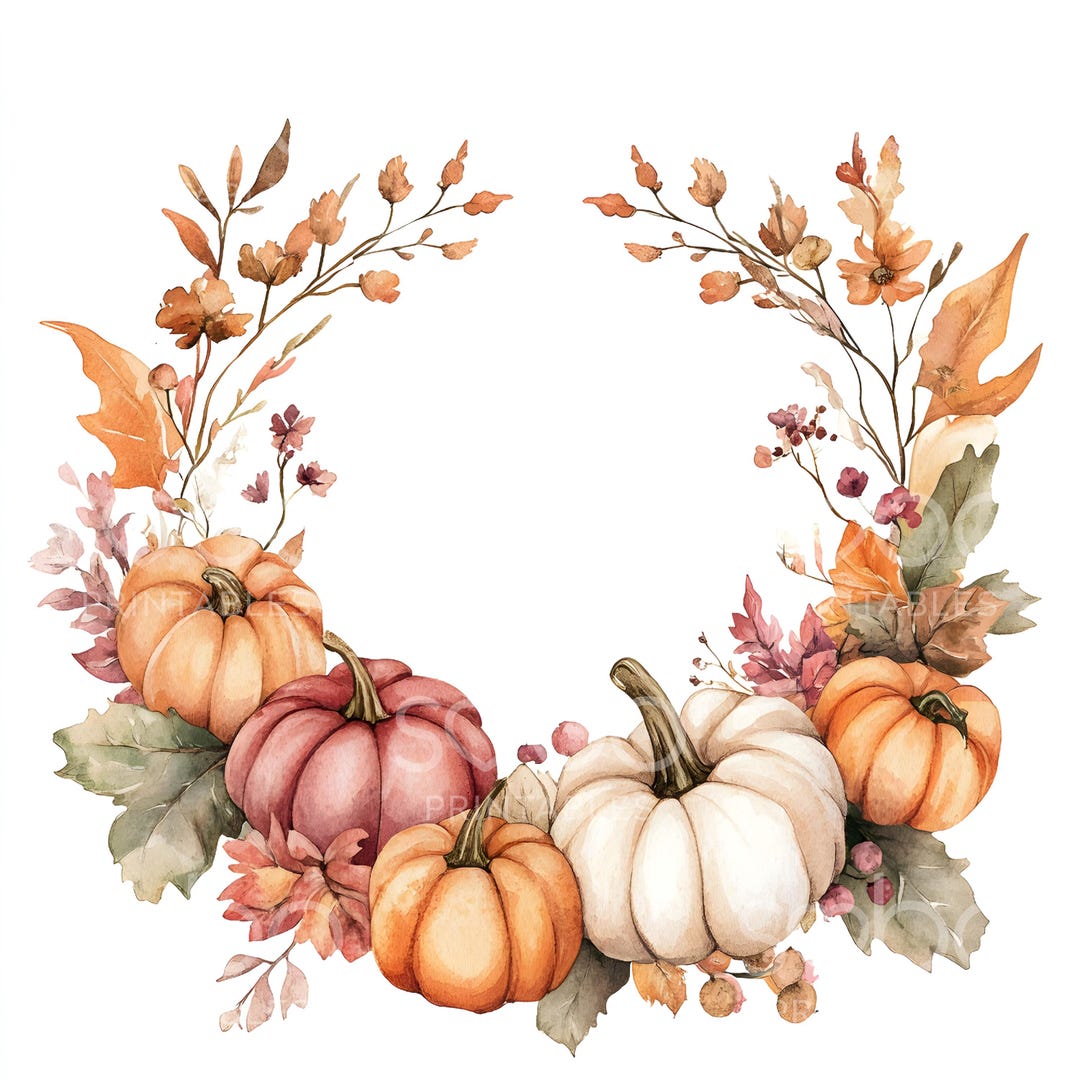 17 Boho Pumpkin Wreath Clipart, Watercolor Pumpkin, Autumn Wreath, High ...